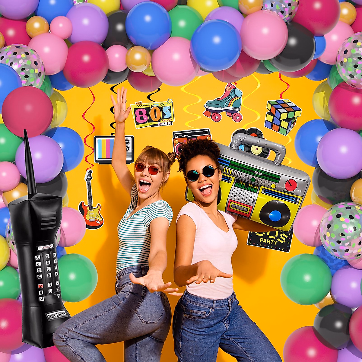 Amandir 80s 90s Party Decorations, 114Pcs Balloon Arch Kit 80's 90's Hanging Swirls Inflatable Disco Ball Radio Boom Box Retro Mobile Phone Balloons for Back to 80s 90s Hip Hop Birthday Supplies