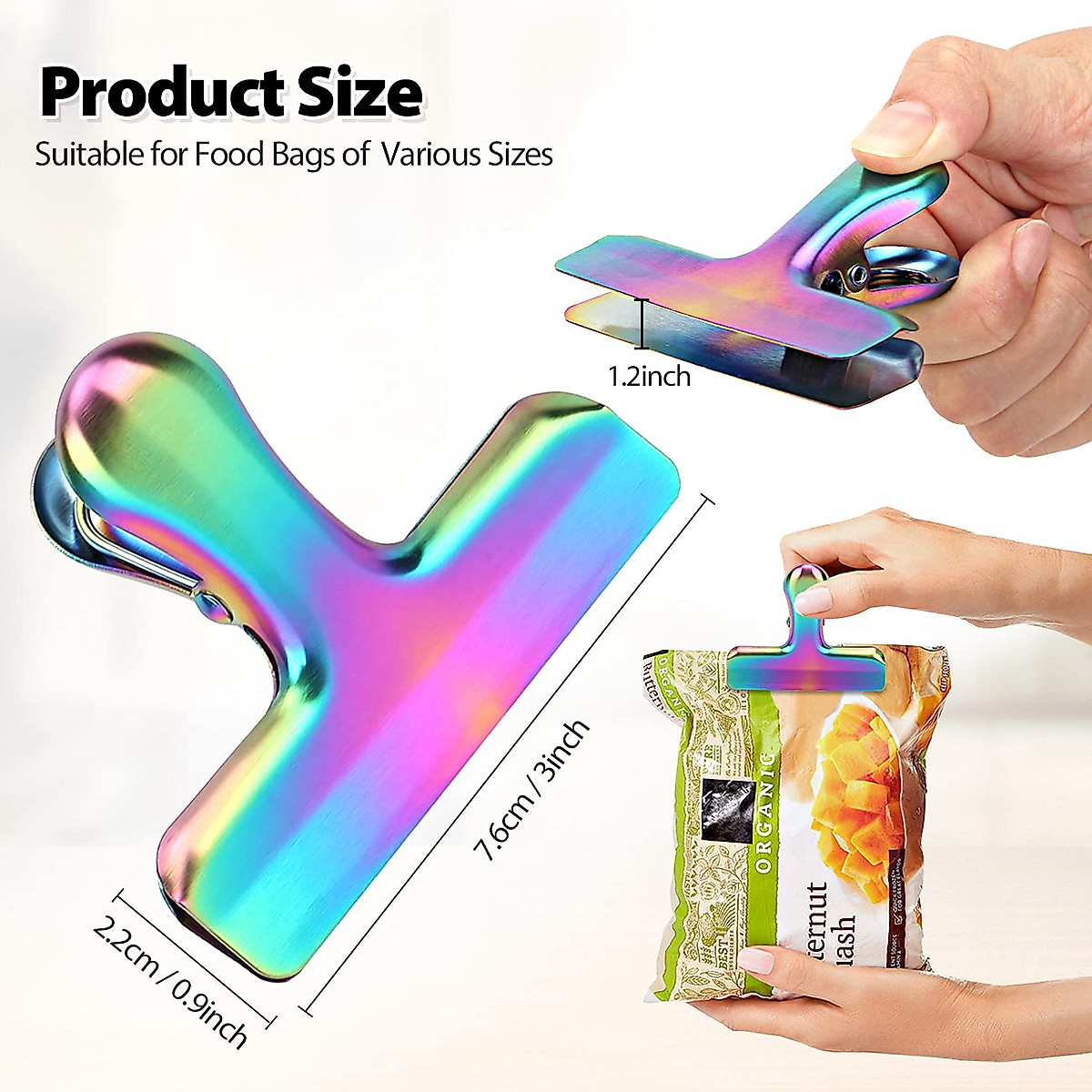 Pack of 8 Bag Clips, Stainless Steel and Heavy Duty Metal Bag Clip,Tightly Seals Chip, Coffee, Bread or Cereal Bags to Keep Food Fresh, for Home, Kitchen, Office, Pantry, Camping