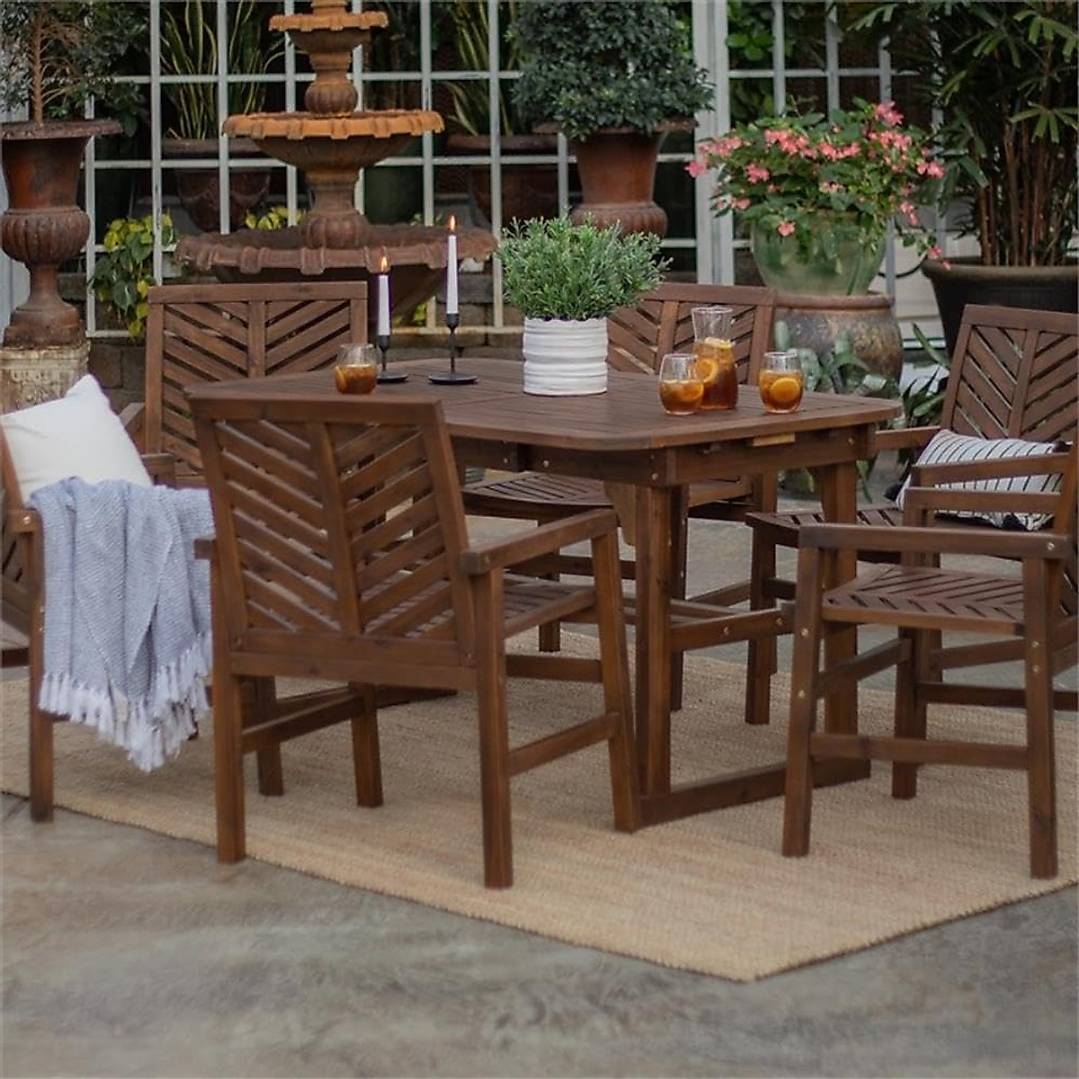 Walker Edison 6 Person Outdoor Wood Chevron Patio Furniture Dining Set Extendable Table Chairs All Weather Backyard Conversation Garden Poolside Balcony, 7 Piece, Dark Brown