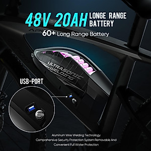 eAhora APUS Peak 1000W Electric Bike 20Ah Carbon Fiber Electric Bikes 26 Inch Electric Mountain Bike,Color Display with USB Port, GRAY