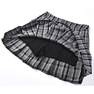 Hoerev Black Grey Plaid Pleated Skater Tennis School Uniform Skirt with Lining Shorts for Women Girls,US 6