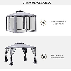 Outsunny 10' x 10' Patio Gazebo Outdoor Canopy Shelter with 2-Tier Roof and Netting, Steel Frame for Garden, Lawn, Backyard and Deck, Grey