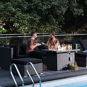 High-Craft 43'' Rectangular Patio Propane Fire Pit Table Gray PE Wicker 55,000 BTU H-Burner Dural Heating Outdoor Firepits 8mm Glass Top & Aluminum Frame Anti-Rust with Cover & Windguard