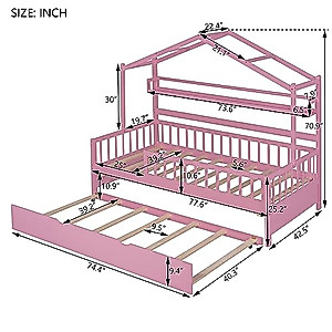 Twin Size House Bed for Kids, Wooden Floor Bed Frame with Trundle & House Roof Frame, Kids Bed Twin with Shelf, Guardrails & Slat Support, Box Spring Needed (Pink)