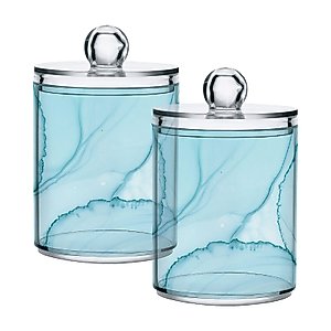YETTASBIN Blue Marble Clear Plastic Apothecary Jars 2 Pack, 14 oz Qtip Holder Dispenser with Lid, Clear Bathroom Storage Canister for Cotton Ball, Cotton Swab