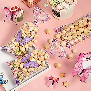 100 Pcs Butterflies Cellophane Treat Bags Plastic Butterfly Party Favors Watercolor Butterfly Cello Candy Bag with 100 Twist Ties for Butterfly Theme Baby Shower Girl Birthday Party Supplies (Purple)