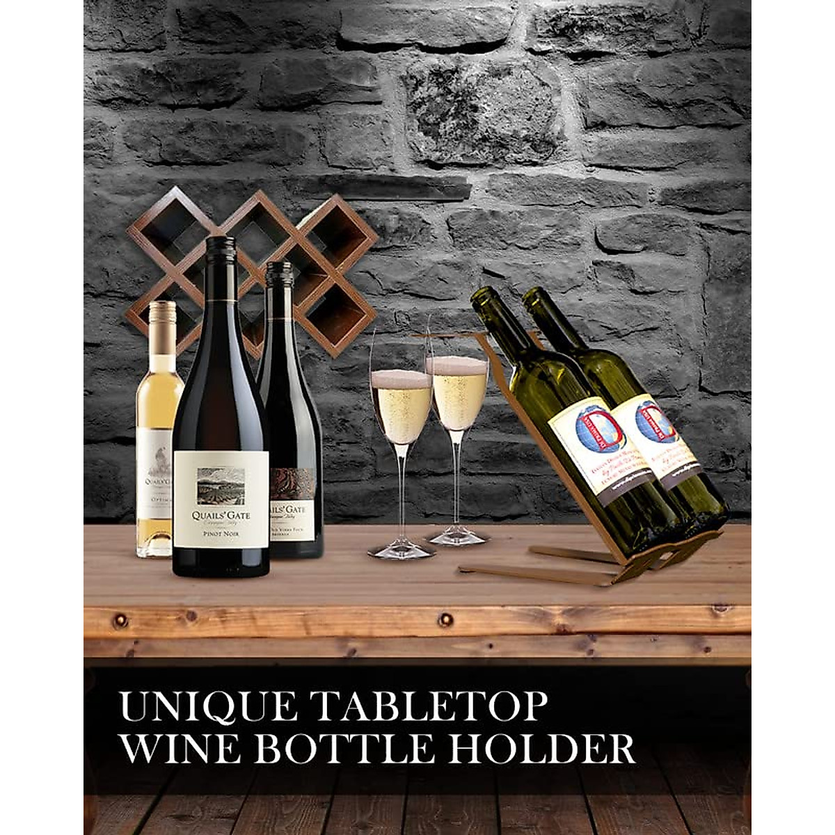 di prima usa Countertop Wine Rack Metal Wine Rack for Table – Small Wine Rack for Tabletop Décor – Wine Rack Holder for 2 Glasses & 2 Bottles - Corten/Chestnut