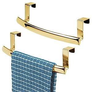 mDesign Steel Over Door Curved Towel Bar Storage, Hanger for Cabinet or Cupboard, Holder Rack for Kitchen, Bathroom - Holds Hand/Dish Towels, Washcloths - Spira Collection - 2 Pack - Soft Brass