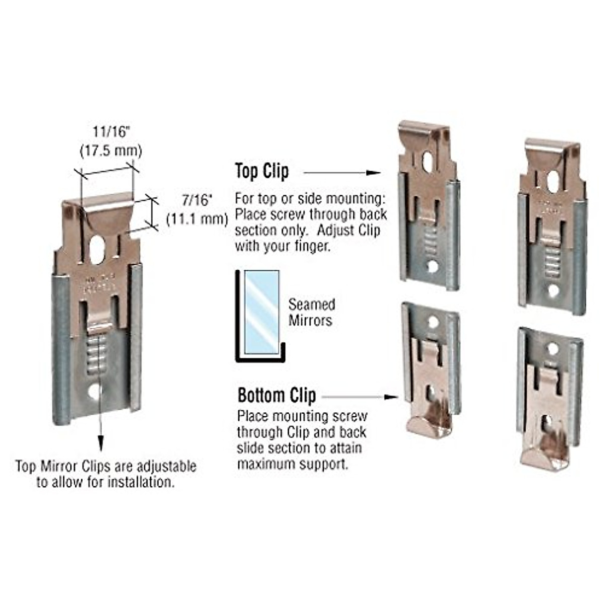 CRL Nickel Plated Adjustable Mirror Clip set for 1/4 in (6 mm) Straight Edge Glass - Package