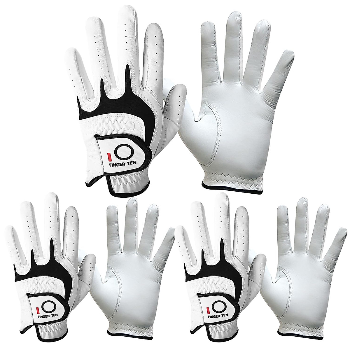 FINGER TEN Golf Gloves Men Right Left Handed Golfer 3/6 Pack Mens Golf Glove Left Right Hand Soft Cabretta Leather All Weather Grip Size S M ML L XL (White-3 Pack, Medium, Left)
