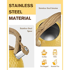 Tea Kettle, Stovetop Teapot, 2.5 Quart, Loud Whistle, Food Grade Stainless Steel and Smooth Wood Pattern Handle, Sophisticated Look for Hiking, Picnic, for Tea, Coffee, (Yellow)