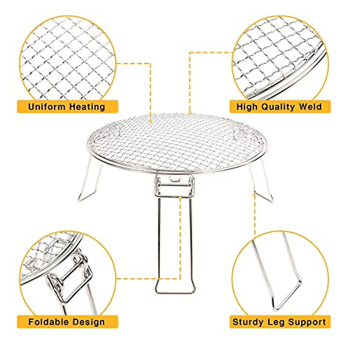 Lineslife Folding 13.4'' Round Campfire Grill Grate, Portable Stainless Steel Camp Fire Cooking Racks with Removable Net 3 Legs for Outdoor Camping Cooking Fire Pit, Silver