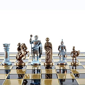 Manopoulos Greek Roman Army Large Chess Set - Blue&Copper - Blue Chess Board