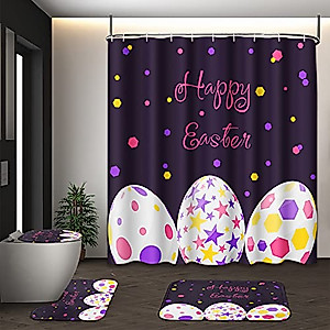 Tayney Easter Eggs Shower Curtain Sets with Toilet Lid Cover and Non-Slip Rugs, Geometric Stars on Background 4 Pcs Shower Curtains for Bathroom, Cute Cartoon Easter Bathroom Decor