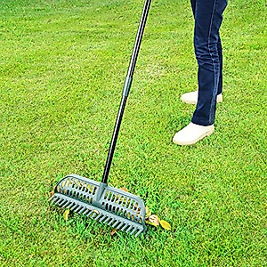 Evcitn Artificial Turf Rake, 43 to 63" Long Pole Turf rake - 18" Wide Garden Hand Broom Rake for Lawn, Synthetic Grass, Carpet, Shrub, Remove Leaves, Debris, Pet Hairs (Dark Light)
