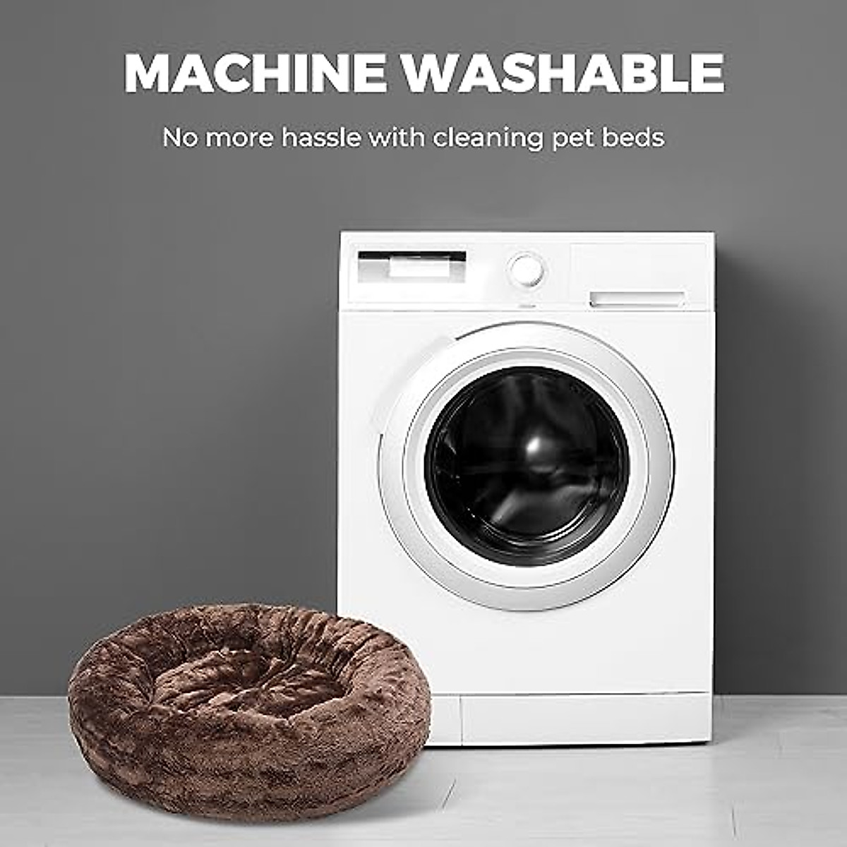 Veehoo Calming Dog Bed & Cat Bed, Anti-Anxiety Small Dog Beds for Medium Dogs, Washable Donut Round Pet Bed with Fluffy Faux Fur for Puppy and Kitten, 23x23 inch, Brown