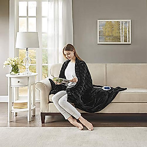 Beautyrest Duke Blanket Luxury Oversize Electric Throw Premium Soft Cozy Brushed Long Faux Fur for Bed, Couch with 3 Heat Setting Controller, Auto Shut-Off Function, Black, 50 in x 70 in