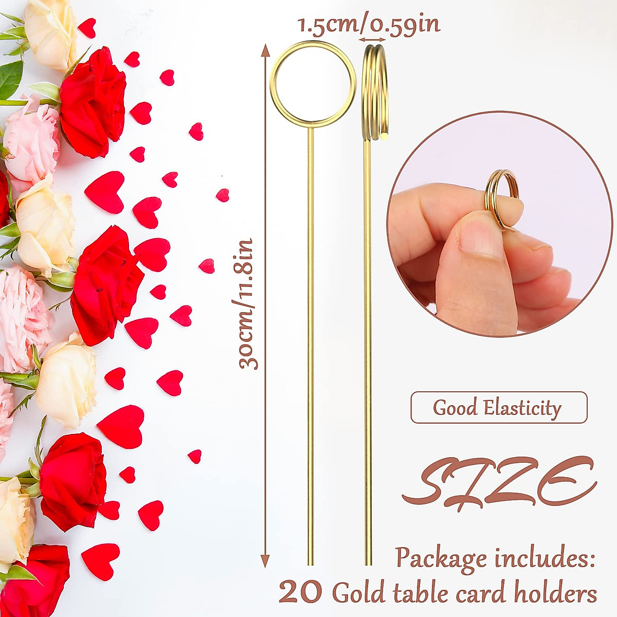 BENBO 20 Pieces Metal Wire Floral Place Card Holder Round Photo Memo Note Table Number Holder Pick Gold Floral Gift Card Holder Clips for Flower Arrangements,Wedding and Birthday Party, 13.4 Inch