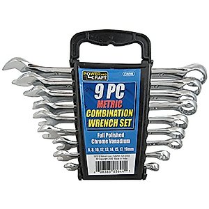 Metric Wrench Set, 9 Chrome Vanadium Combination Open End and Box End Wrenches with Organizer Storage Case