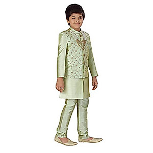 AHHAAAA Kids Ethnic Banarasi Silk Waistcoat Kurta Pajama Set for Boys Green