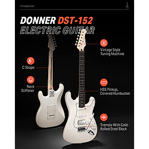 Donner Electric Guitar, DST-152 39&quot; Electric Guitar Starter Kit HSS Pickup Coil Split, with Amp, Bag, Accessories, Polar White