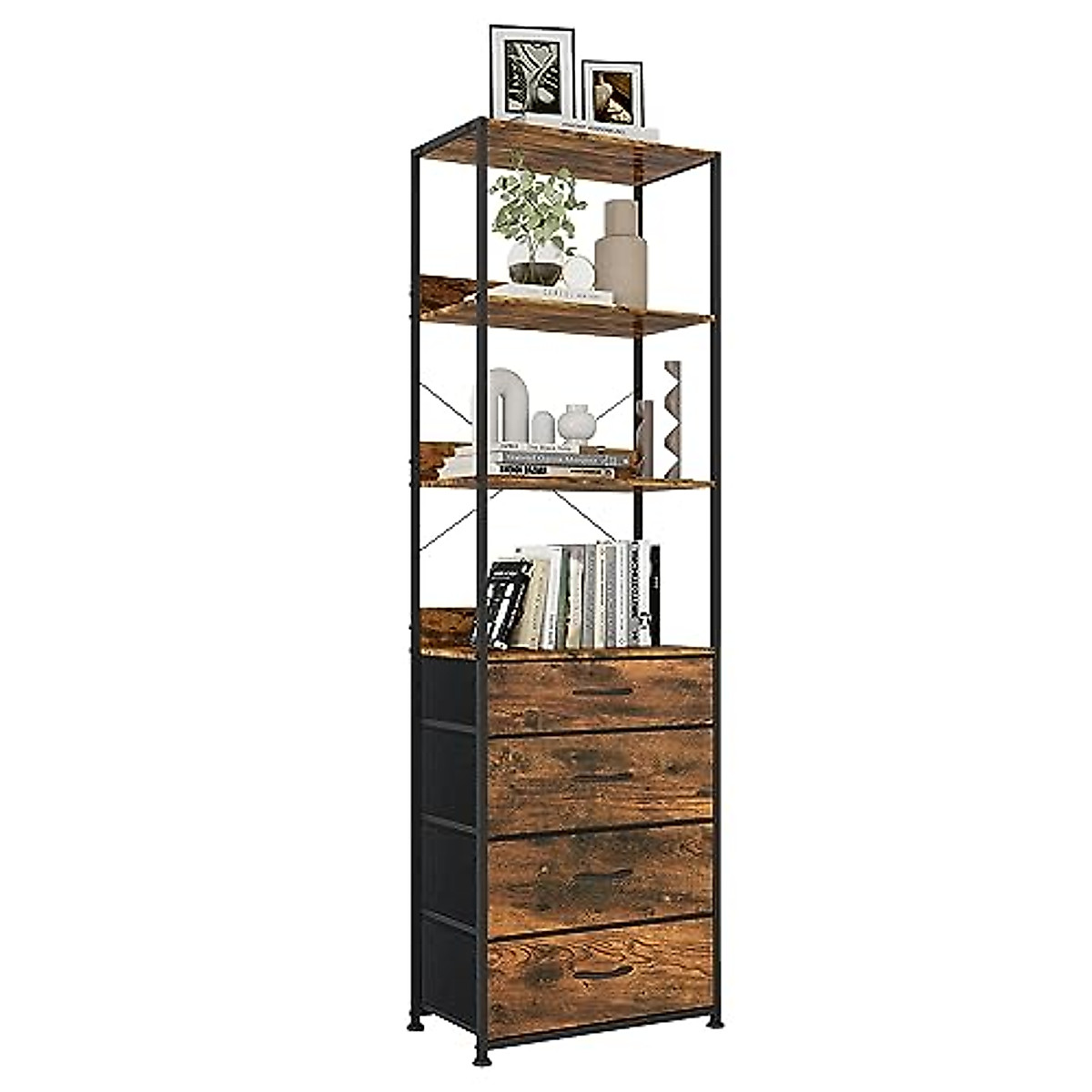 VASICAR 4-Tier Tall Bookshelf with 4 Drawers, Multifunctional Open Bookcase, Storage Shelf Dresser for Living Room, Office, Bedroom, Kitchen, Free Drawer Divider (Rustic Brown)