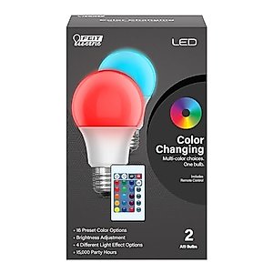 Feit Electric A19 LED Party Light Bulbs, Color Changing, Remote Control, 5 Watts, E26 Standard Base, 80 CRI, 120V, 13 Years Lifetime, Damp Rated LED Bulbs, 2 Pack, A19/RF/PARTYLED/2