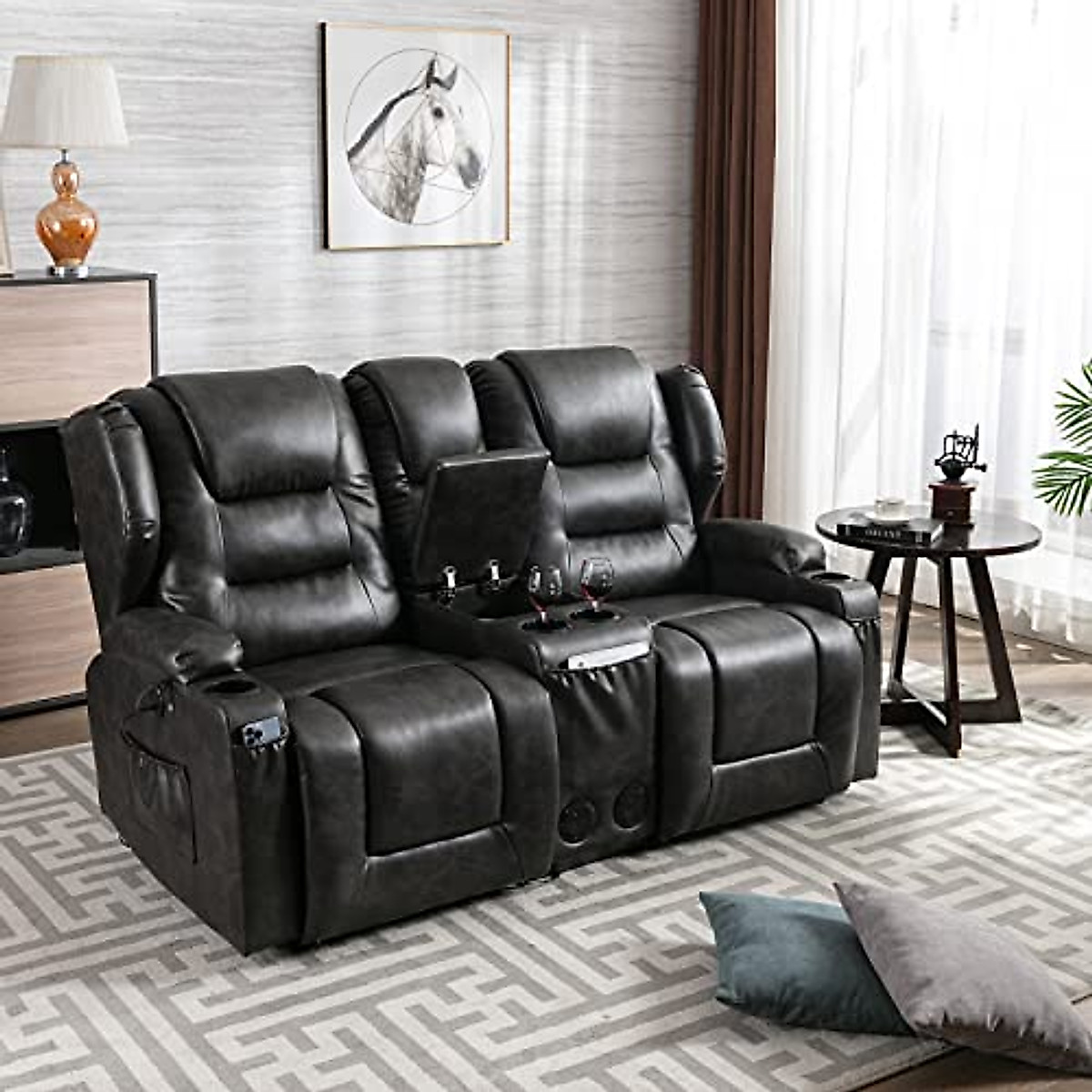 SAMERY Electric Home Theater Seating- Power Recline Chair Loveseat RV Sofa with Console, 67" Double Recliner 2-Seater RV Couch with Storage/USB Charging/Lighting/Cup Holders for Living Room