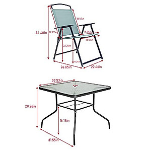 Crestlive Products 5 Piece Patio Dining Set with 4 Folding Chairs and Table Outdoor Dining Furniture with Square Glass Tabletop, Umbrella Hole for Bistro, Garden, Backyard, Deck(Green)
