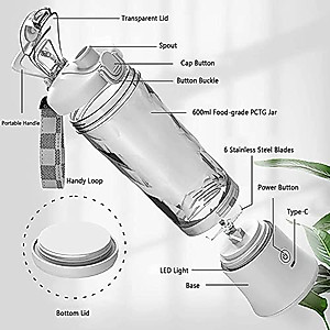 Portable Blender, Personal Size Juicer Blender for Shakes and Smoothies 20 Oz Travel Blender USB Rechargeable Mini Blender with 6 Blade for Home, Kitchen, Office, Sports