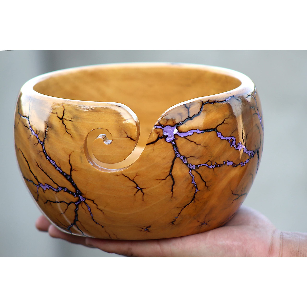 Lichtenberg Figure Yarn Bowl - Handmade Wooden Yarn Bowl for Knitting Yarn Ball Holder - Yarn Bowls with Holes Crochet Bowl Holder - Yarn Storage Bowl 7" x 4" inches (Purple-B)