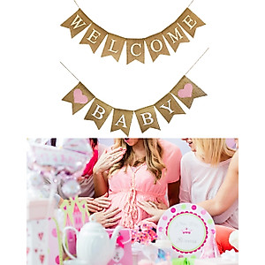 Shimmer Anna Shine Welcome Baby Burlap Banner for Baby Shower Decorations and Gender Reveal Party (Light Pink Hearts)