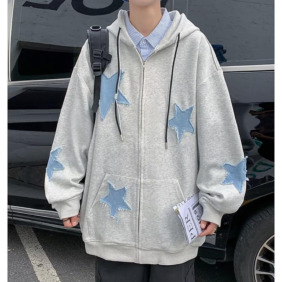 Y2K Hoodie Women Grunge Stars Zip Up Sweatshirt Acubi Emo Oversized Hooded Jacket Harajuku Pullover Alt Clothing (Gray,M)