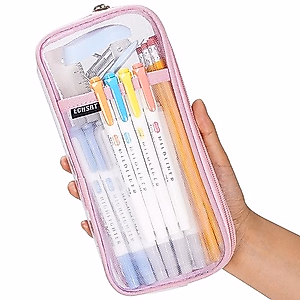 ECHSRT Mesh Pencil Case for Girls With Zipper, Grid Clear Pencil Pouch for Kids Students Teens Boys Adults, Small Transparent Pen Bag for School Office Travel, Pink