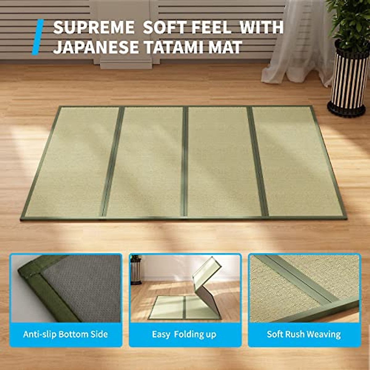 Mjkone Japanese Tatami Mattress, Igusa Mat (100% Japanese Rush Grass) Tatami Mat, Folding Japanese Floor Sleeping Mattress with Non-Slip Breathable Memory Foam for Sleeping/Yoga/Relaxing (Queen)