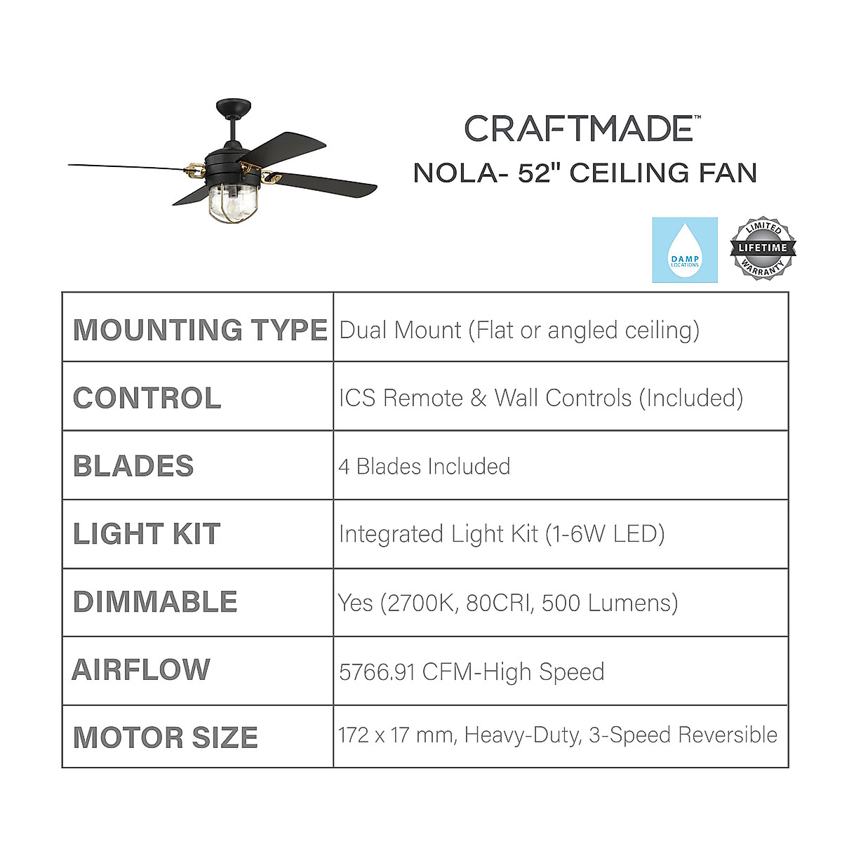 Craftmade NOL52FBSB4 Nola Dual Mount 52" Ceiling Fan with LED Light and Remote, 4 Blades, Flat Black & Satin Brass