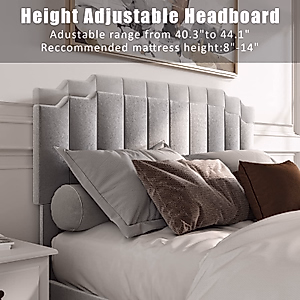 PaPaJet Queen Bed Frame with Storage Upholstered Platform Bed with 4 Drawers and Adjustable Headboard, Wooden Slats Support, No Box Spring Needed, Light Grey