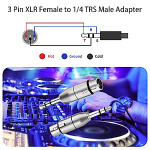 tisino XLR Female to 1/4" TRS Adapter, Balanced Female XLR to Quarter Inch 6.35mm Male Adapters - 2 Pack