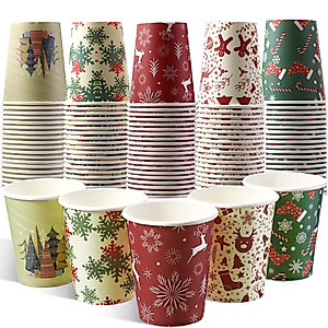 100 Pcs Christmas Paper Cups Disposable Cup 9 oz Christmas Coffee Cup Hot Chocolate Tea Drinking Paper Cups Christmas Party Supplies for Holiday Party Xmas Hot Cold Beverages