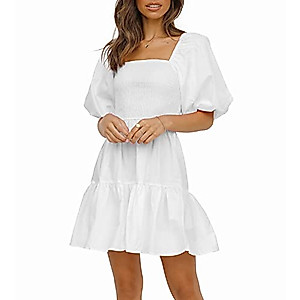 Atizon Women's Summer Smocked Dress Square Neck Puff Sleeve Casual Vintage Off Shoulder A-Line Short Mini Dress