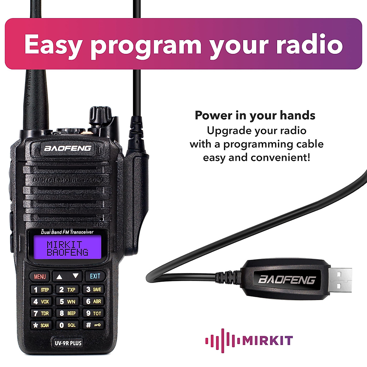 Mirkit 4X Waterproof Baofeng Radio UV-9R Plus MK1 (UV-82 3rd Gen) 8W Max Power 2024 VHF/UHF 144-148/420-450MHz Walkie Talkies, 2200mAh Battery & Programming Cable, IP67 Dust, Cold, Waterproof