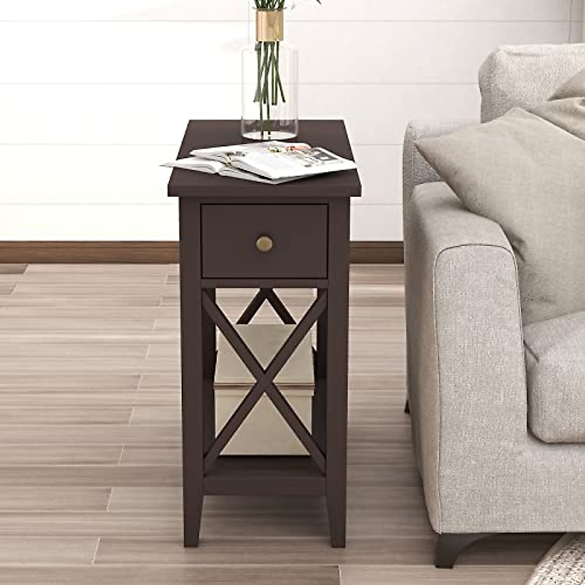 ChooChoo End Table, MDF Material Flip Top Narrow End Table with drawer, Accent Small Side Table Nightstand for Living Room, Bedroom, and Small Spaces - Espresso