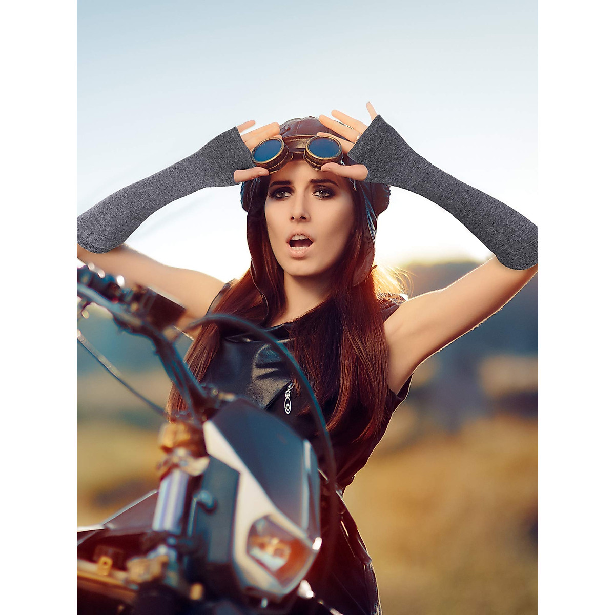 Bememo 4 Pairs Arm Warmer Fingerless Gloves for Women Long Arm Sleeves Knitted Elbow Length Gloves Gothic Thumb Hole Gloves (Black, Light Grey, Dark Grey, Coffee)