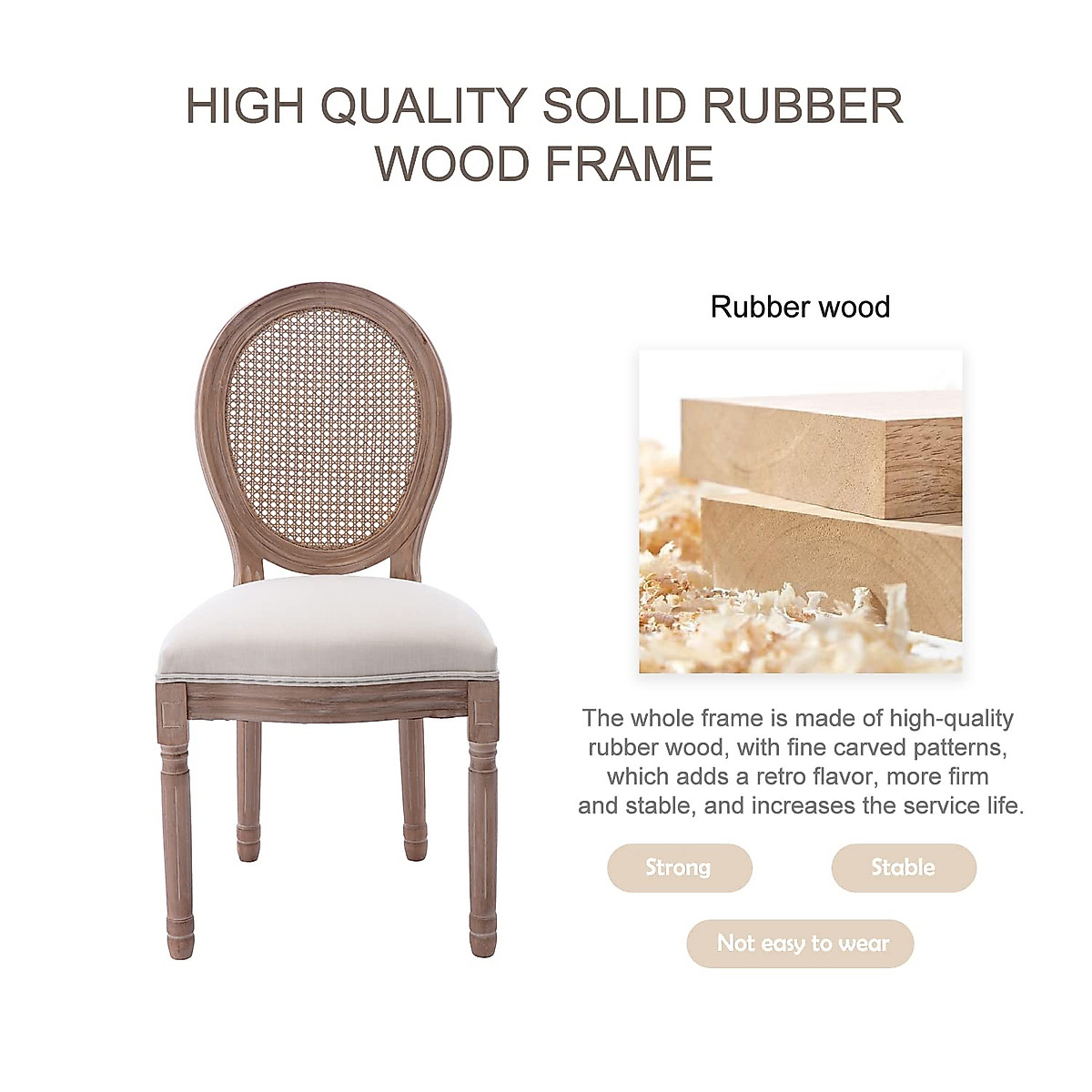 Virabit French Dining Chairs Set of 6, Rattan Farmhouse Upholstered Dining Chairs with Curved Backrest and Beautifully Carved Solid WoodFrame for Living Room, Kitchen, Restaurant