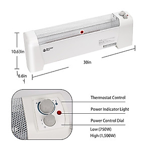 BEYOND HEAT Electric Baseboard Heater, 1500W Convection Heater with Adjustable thermostat and Overheat Protection, Slient Operation Heater for indoor use, White