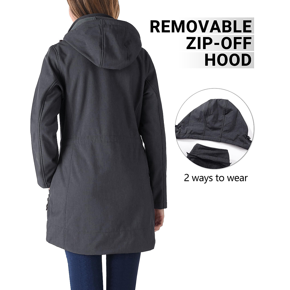 Outdoor Ventures Women's Softshell Jacket with Removable Hood Fleece Lined Windbreaker Insulated Long Warm Rain Jacket