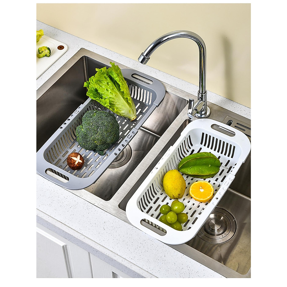 FENGZIZH Adjustable Dish Drainer Dish Rack Over The Sink,Drying Rack, Extendable Vegetable Fruit Washing Basket, Collapsible Strainer Basket,Plastics(Grey+White)