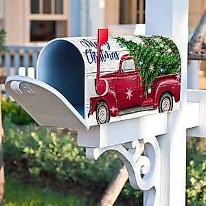 Texupday Merry Christmas Red Truck Pine Tree Decoration Mailbox Cover With Magnetic Strip Winter Snowy Holiday Mailbox Wraps Post Letter Box Cover Standard Size 21" X 18" for Garden Outdoor Yard Decor