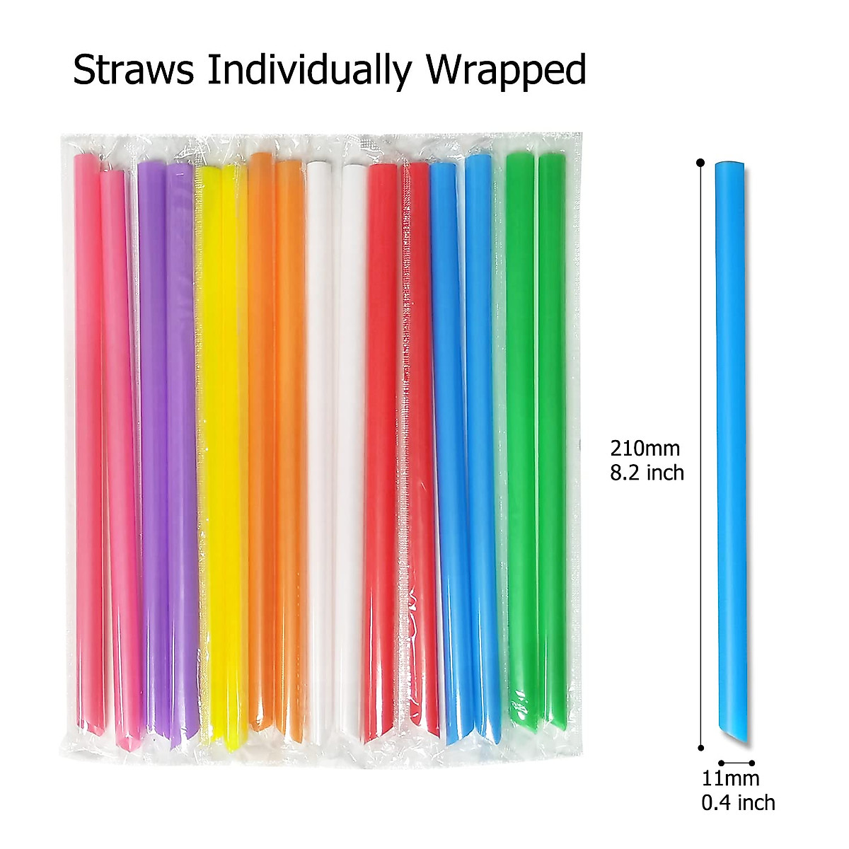 RENYIH 100 Pcs Smoothie Boba Individually Wrapped Straws, Jumbo Large Plastic Disposable Bubble Tea Milkshake Colorful Drinking Straws(0.43" Wide X 8.2" Long)
