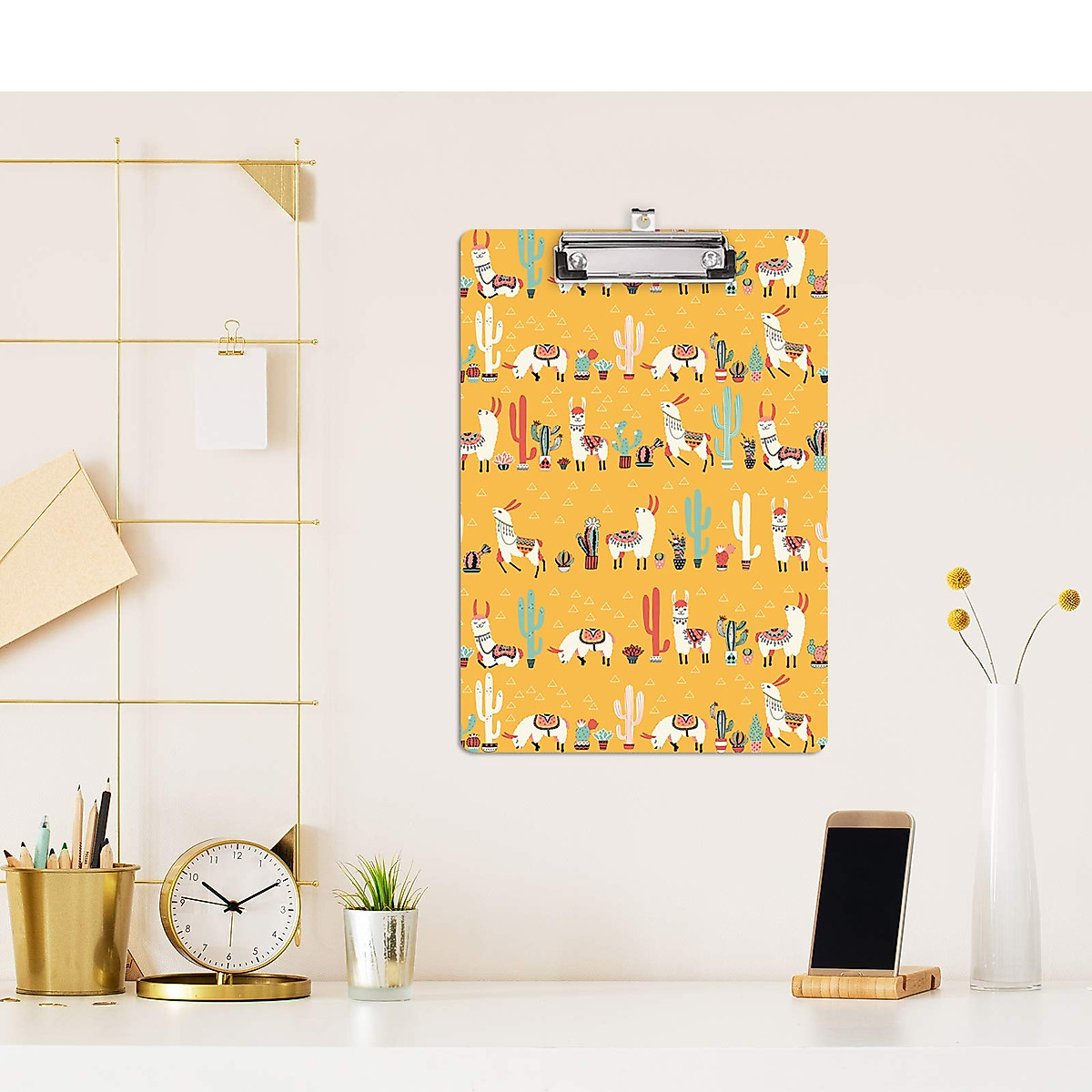 Hongri Clipboard, Fashion Design Letter Size Wooden Clipboards for Students, Women, Man and Kids, Cute Custom Pattern, A4 Standard Size 9" x 12.5" with Low Profile Metal Clip, Yellow Cactus